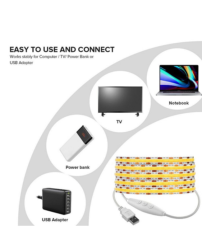 Dimmable COB LED Strip 5V With USB Controller