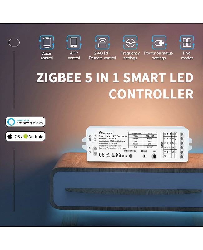 Gledopto Zigbee Controller 270W 5-In-1 For Single Color/Dual White/RGB ...