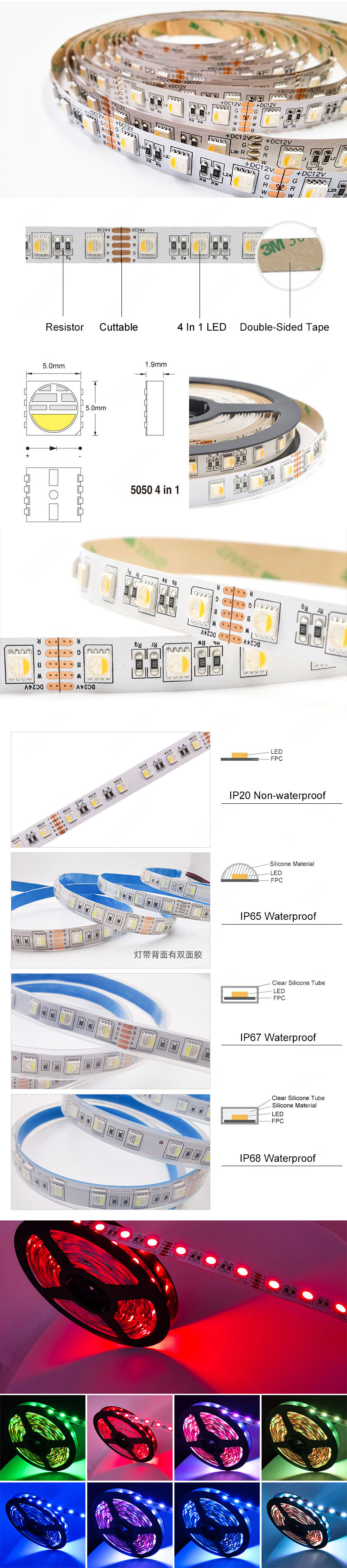 4-In-1 Chip Color-Changing 24V RGBW LED Strip Lights 5M/Roll