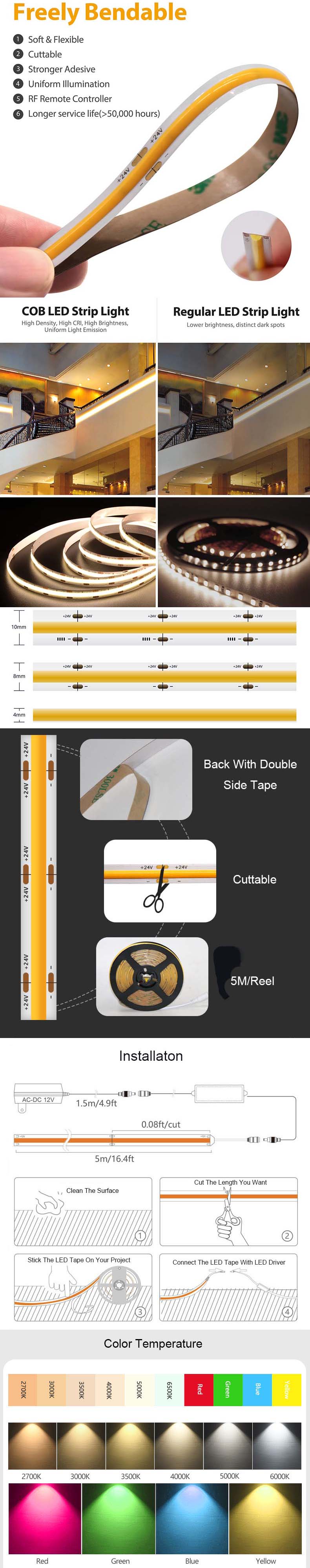 Color Changing Digital Addressable COB LED Strips