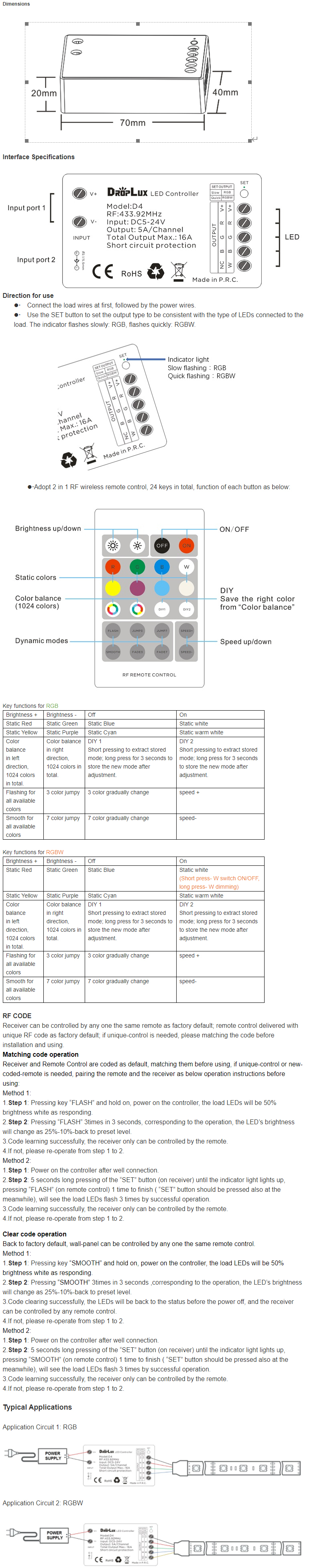 DC5V RGB Controller With 24 Keys RF Remote Control