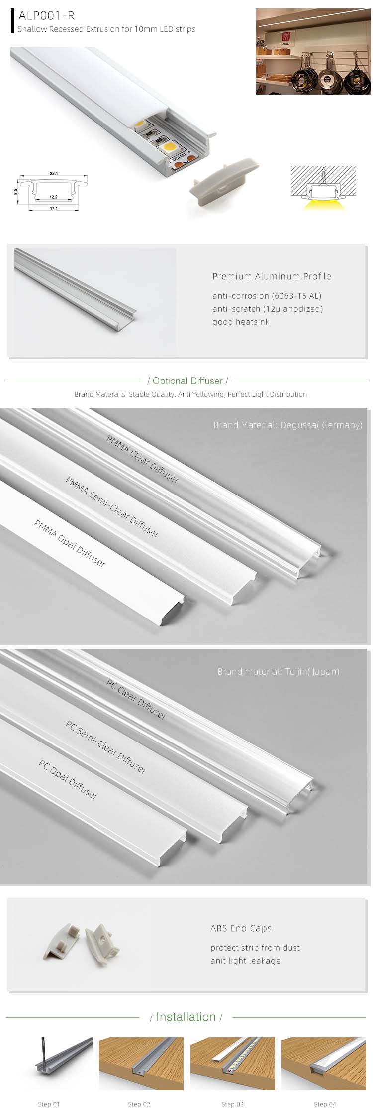 Slim T Shape Recessed Aluminium LED Profiles