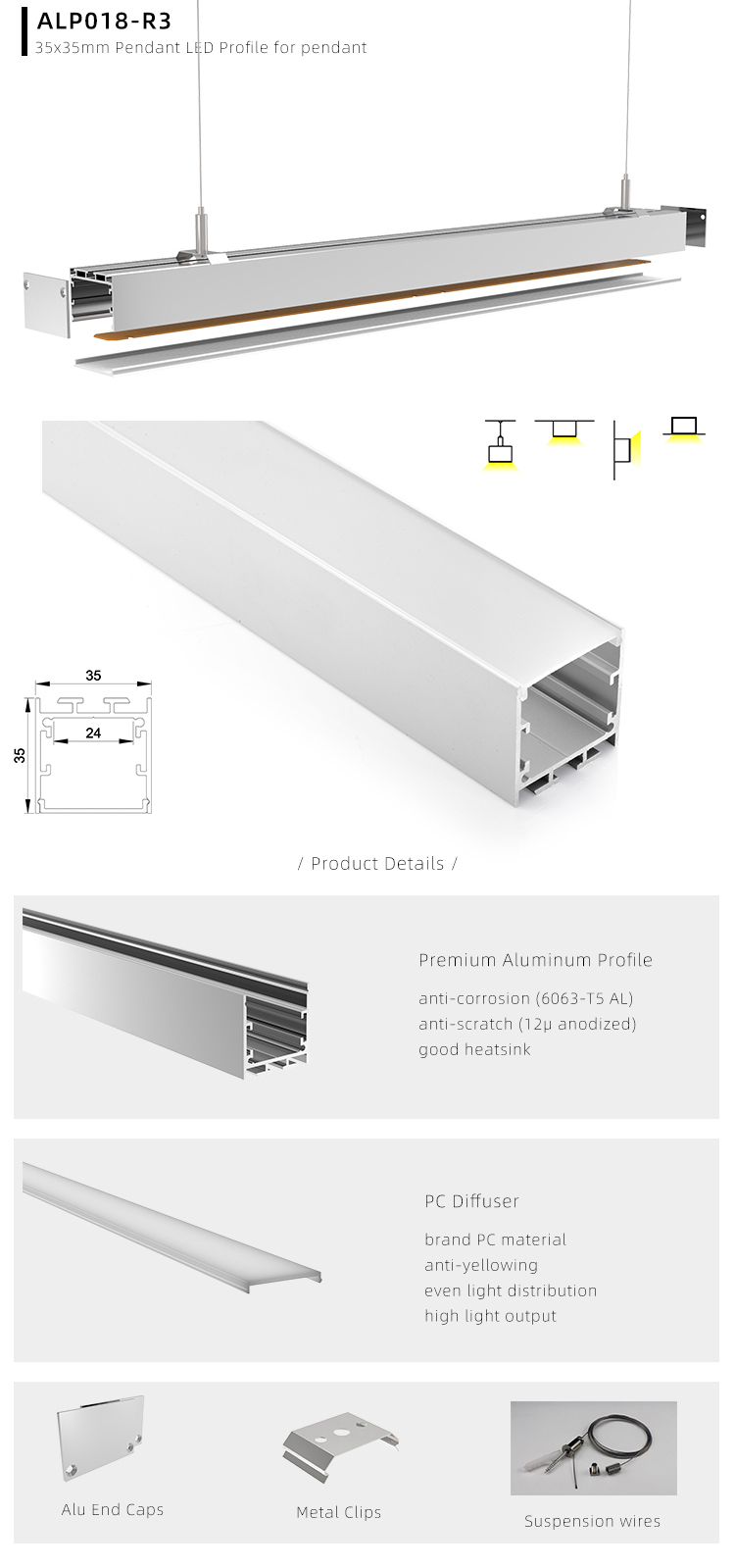 35*35MM LED Light Aluminium Profile For Pendant Light Fixtures