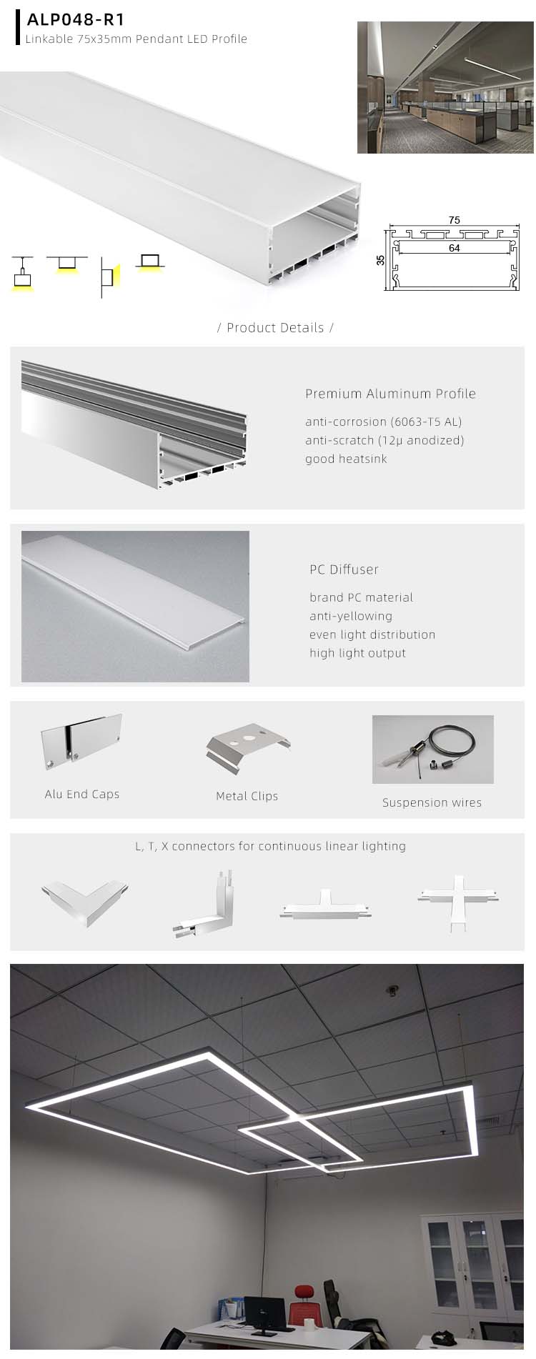 3 Inches Linkable Pendant Light Aluminium Profiles