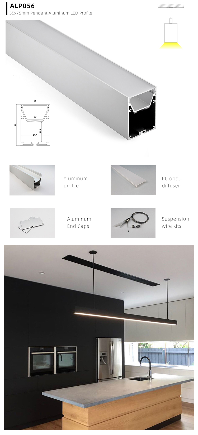 Aluminum LED Channel With PC Frosted Lens For Pendant Lights