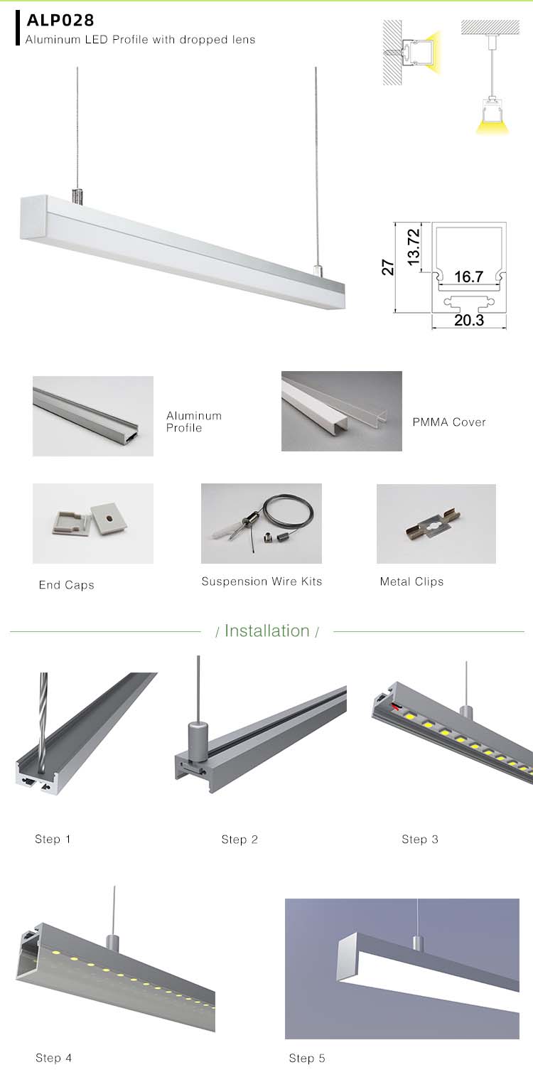 Aluminium Channels With Square Diffuser For Pendant Lights