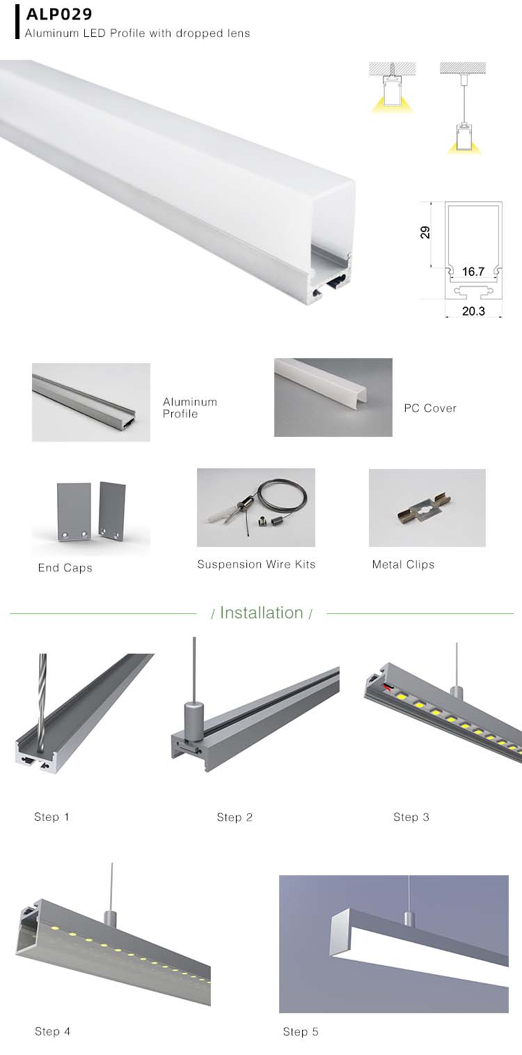 Pendant LED Strip Light Channels With Dropped Diffusers