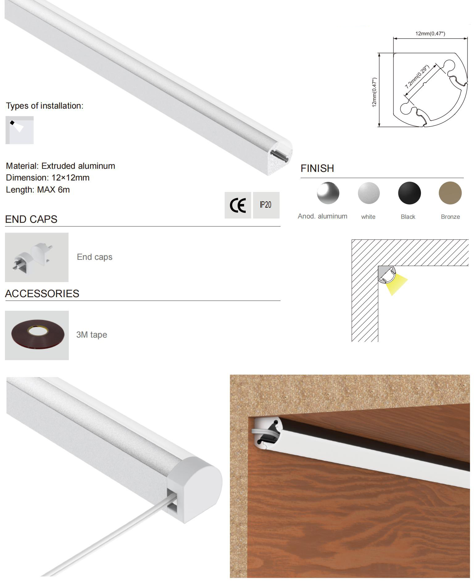 45 Degree Black Mini Under Counter Lighting Channels