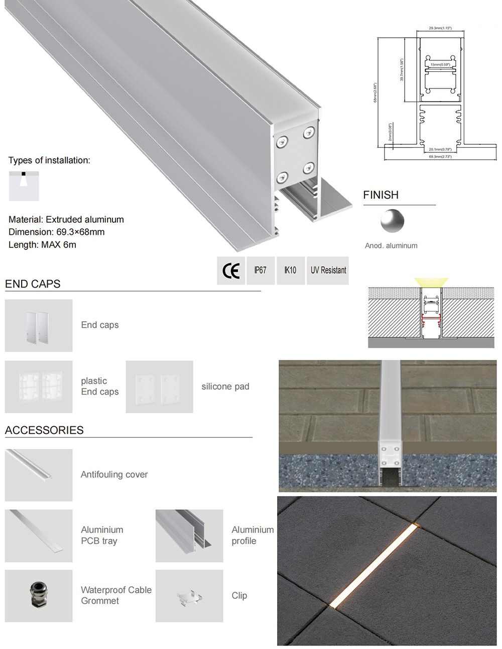 Outdoor Waterproof In Ground Paving Lighting Aluminum Channels