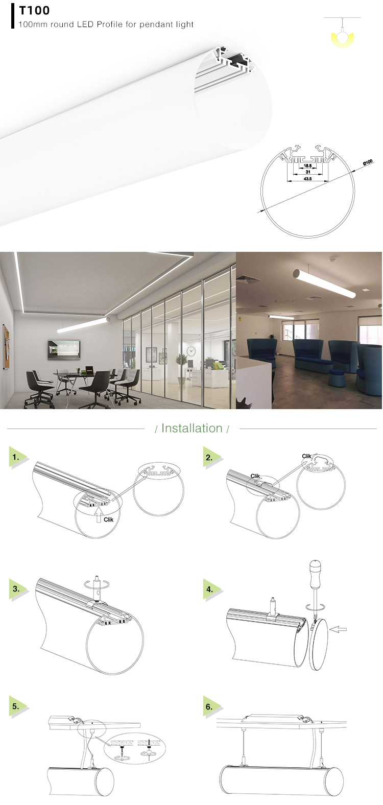 100MM Round Pendant LED Profiles For LED Tube Lights