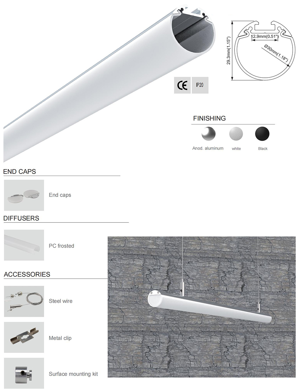 Round LED Diffuser Tubes 30mm Pendant