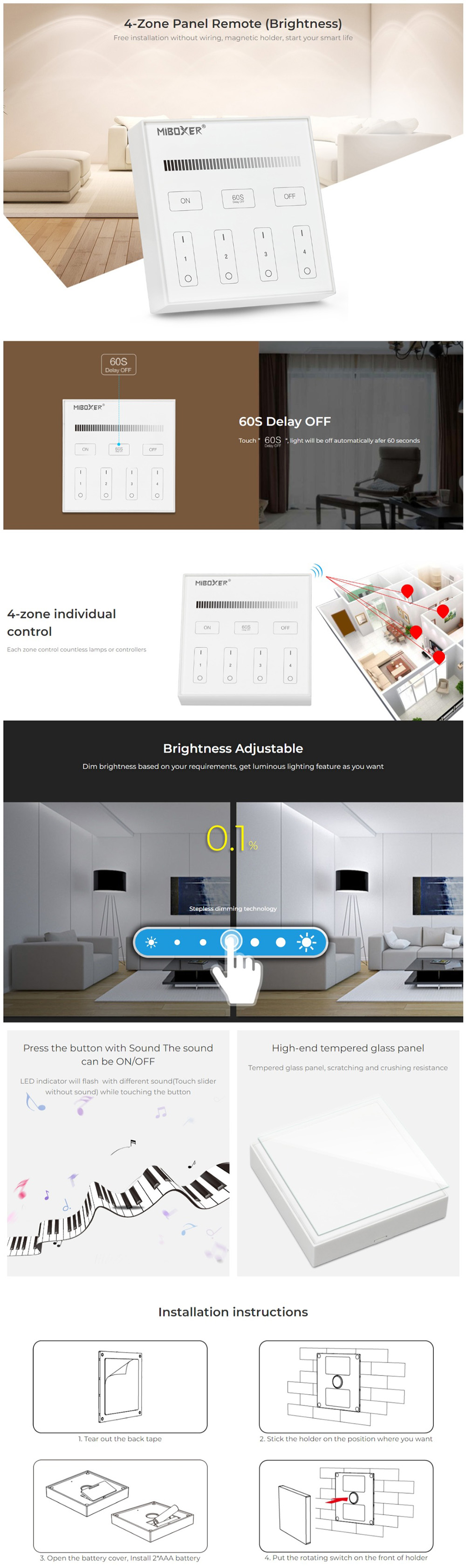 MiBoxer B1 2.4G 4 Zones Dimming Remote Control Panel