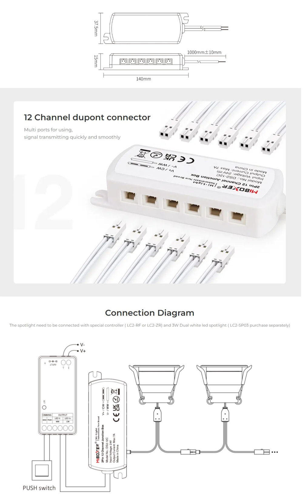 MiBoxer DS2-12C 2Pin 12 Channels Juntion Box