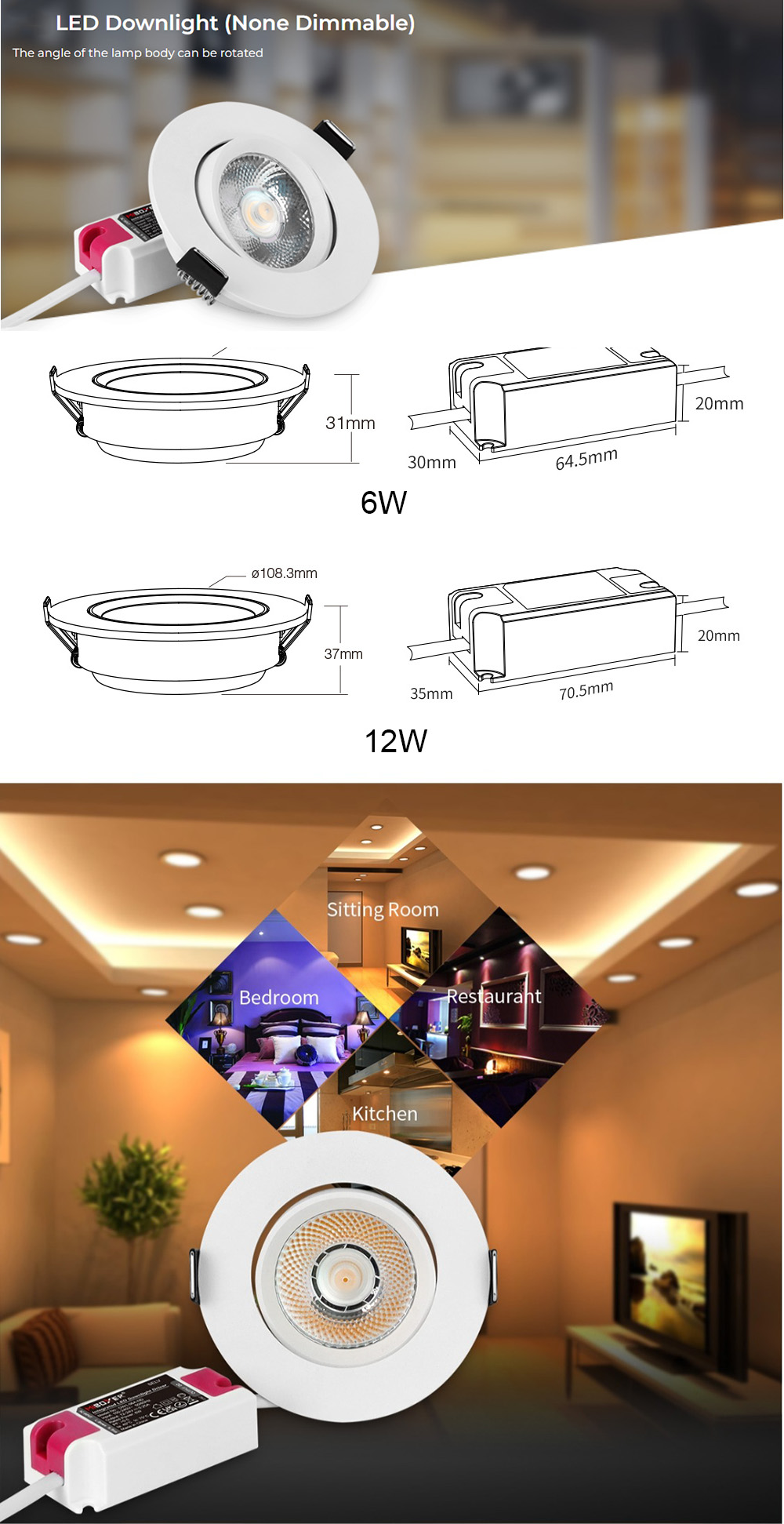 6W/12W MiBoxer Downlight Ceiling None Dimmable Warm White