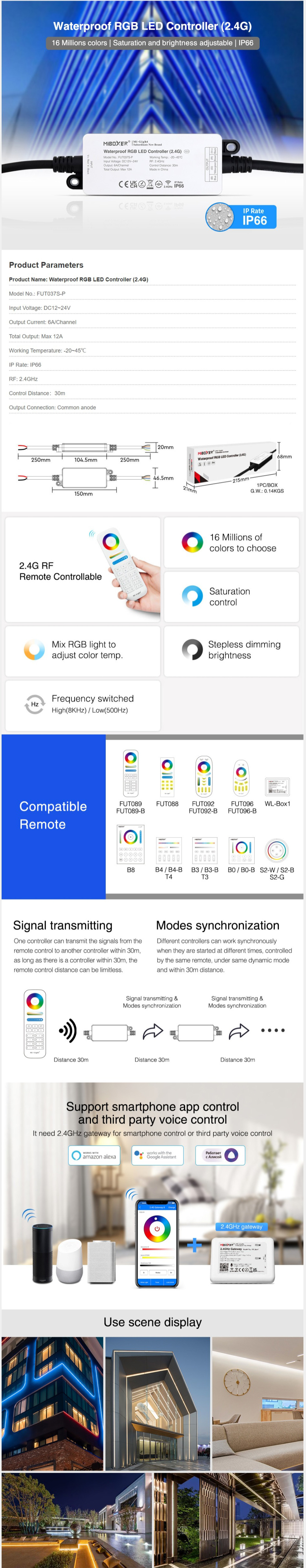 IP66 Wwatereproof RGB MiBoxer LED Controller Voice Control