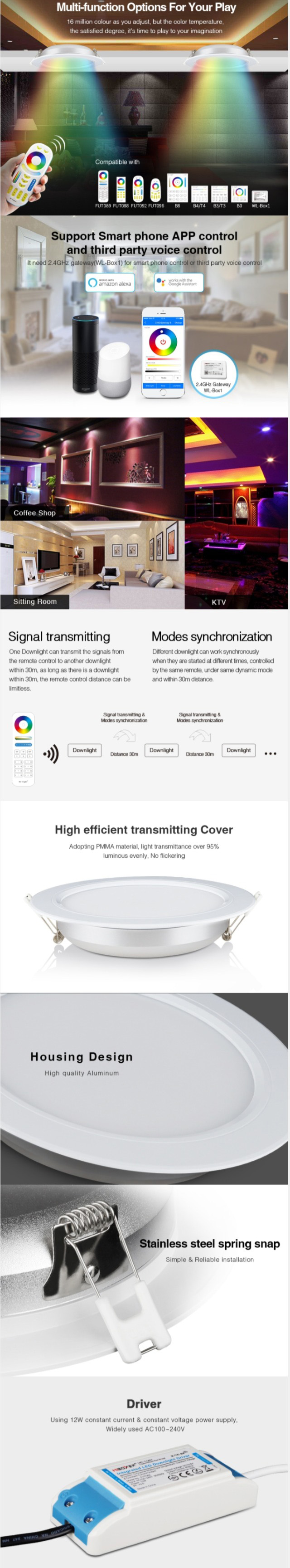 MiBoxer FUT066 12 W RGB Tunable White Dimmable LED Downlights