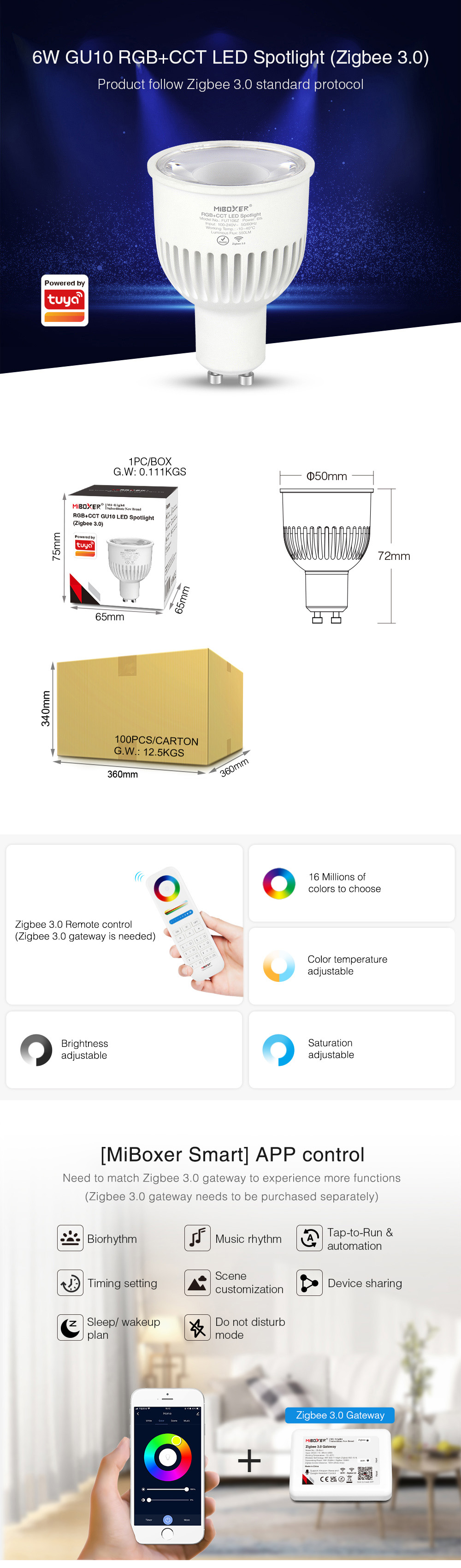 6W GU10 RGB+CCT MiBoxer Zigbee 3.0 Ceiling Spotlights