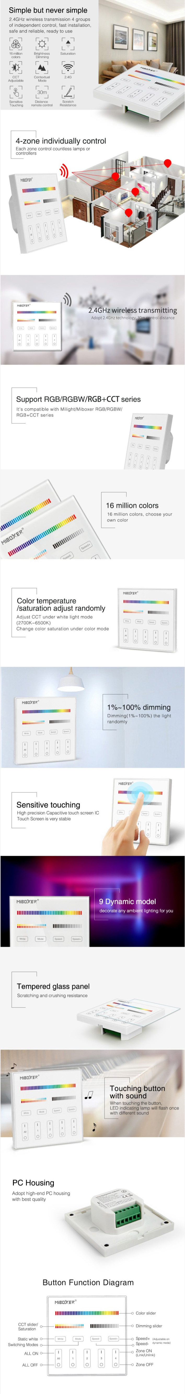High Voltage 4 Zones MiBoxer T4 RGB CCT LED Remote