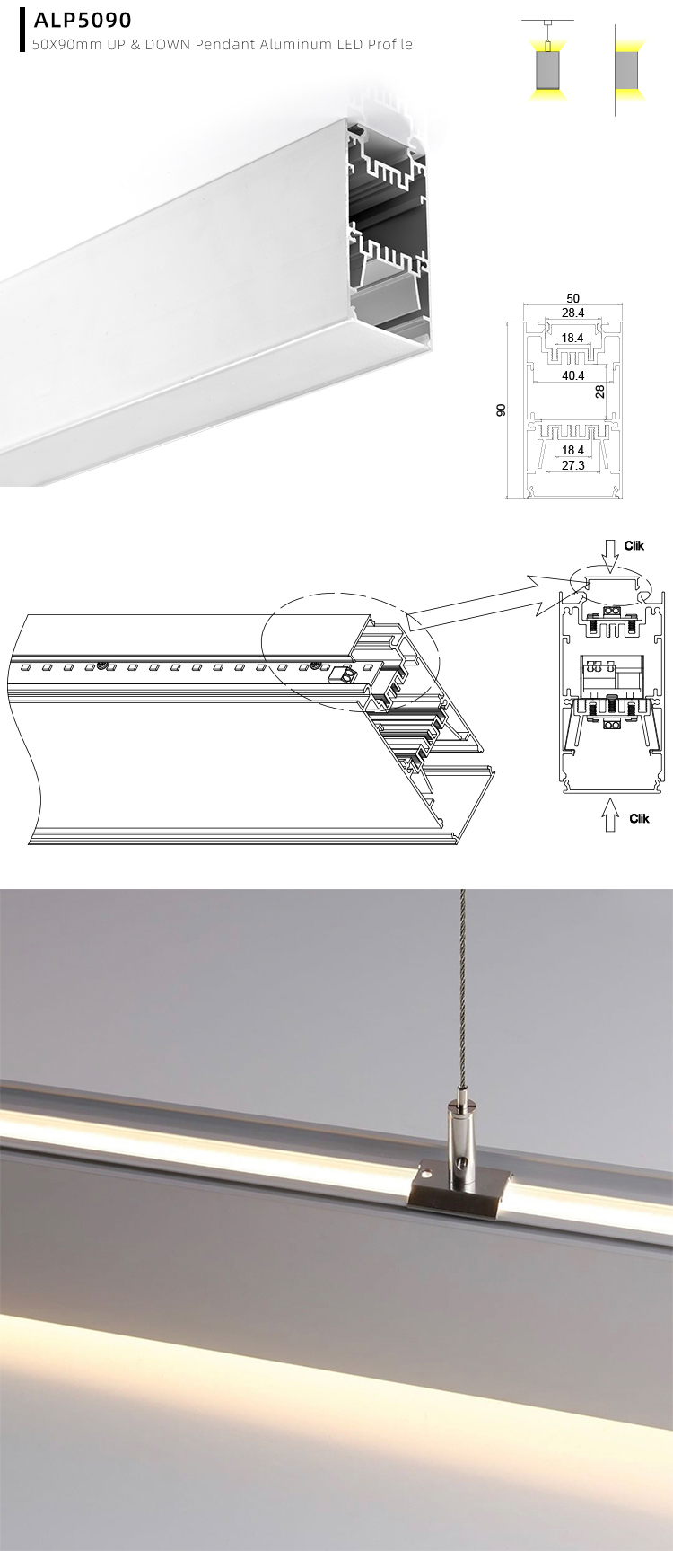 2 Inches Pendant LED Alu Profile With Up And Down Lighting Design